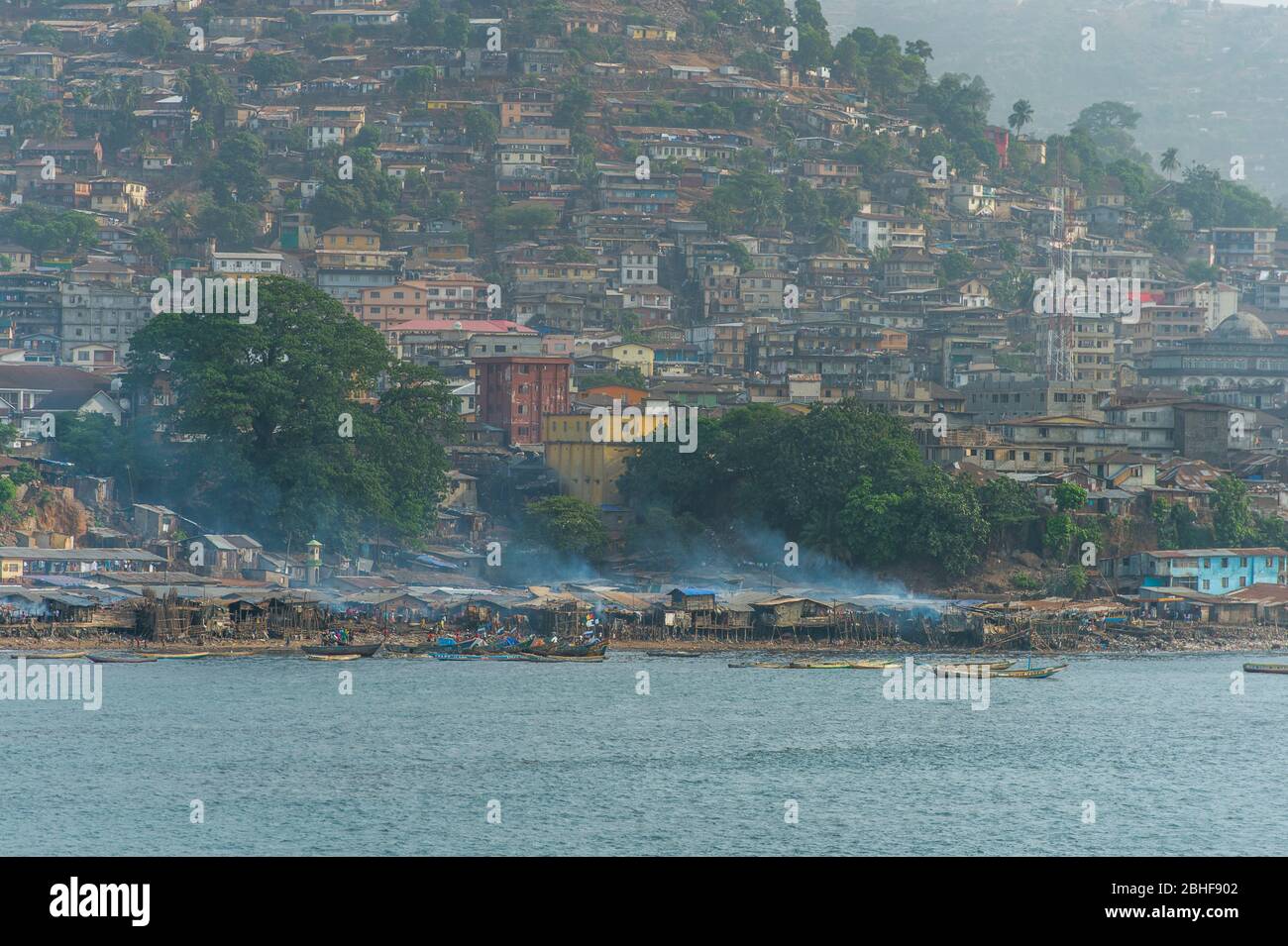 View from sea of Freetown, the capital city of Sierra Leone with slums ...