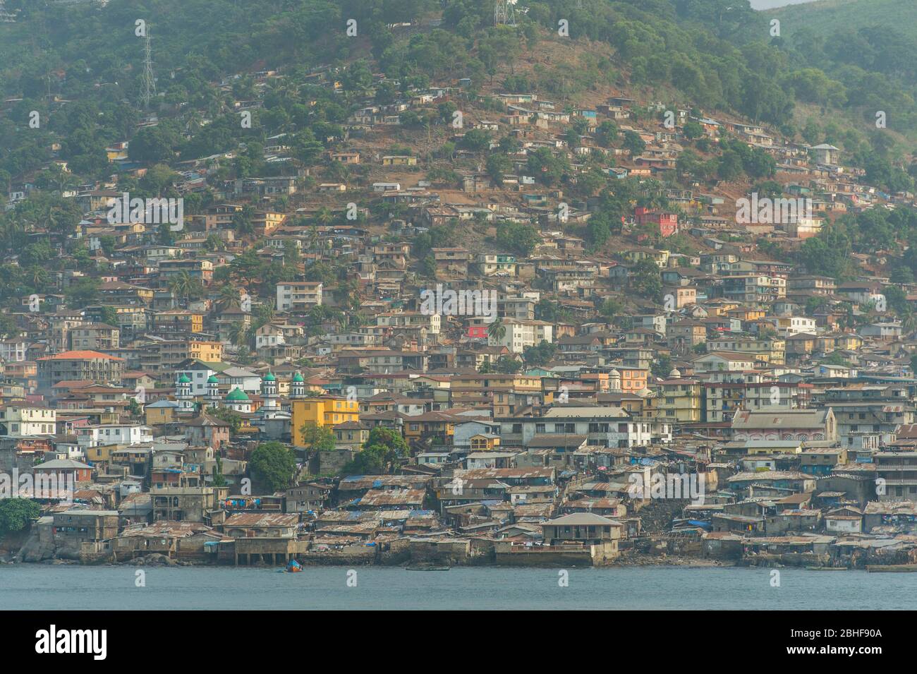 View from sea of Freetown, the capital city of Sierra Leone with slums ...