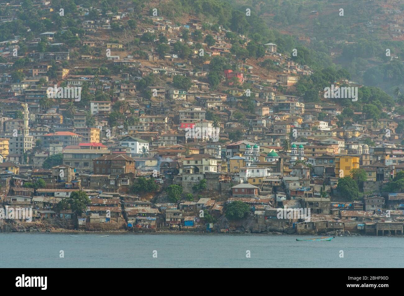 View from sea of Freetown, the capital city of Sierra Leone with slums ...