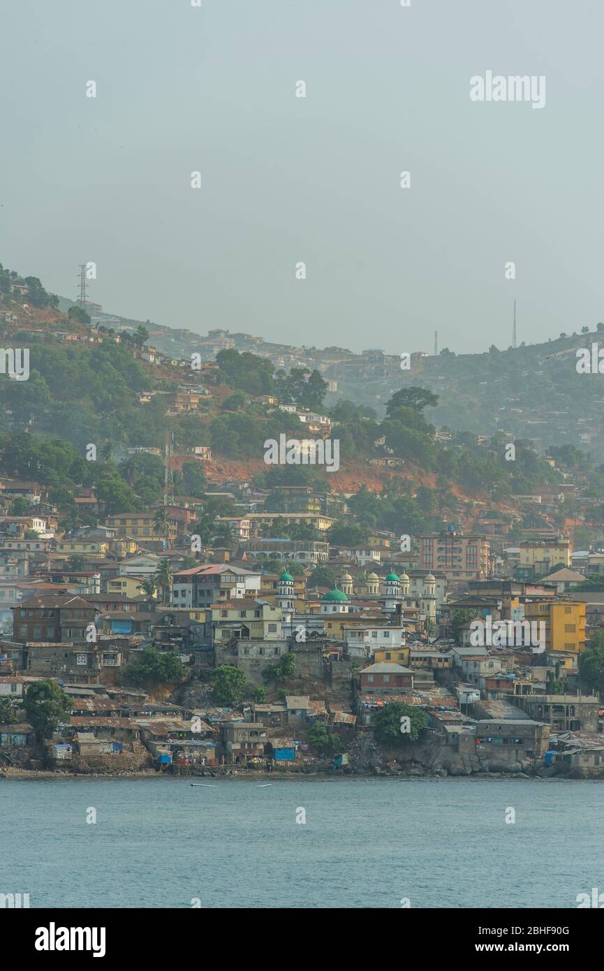 View from sea of Freetown, the capital city of Sierra Leone with slums ...