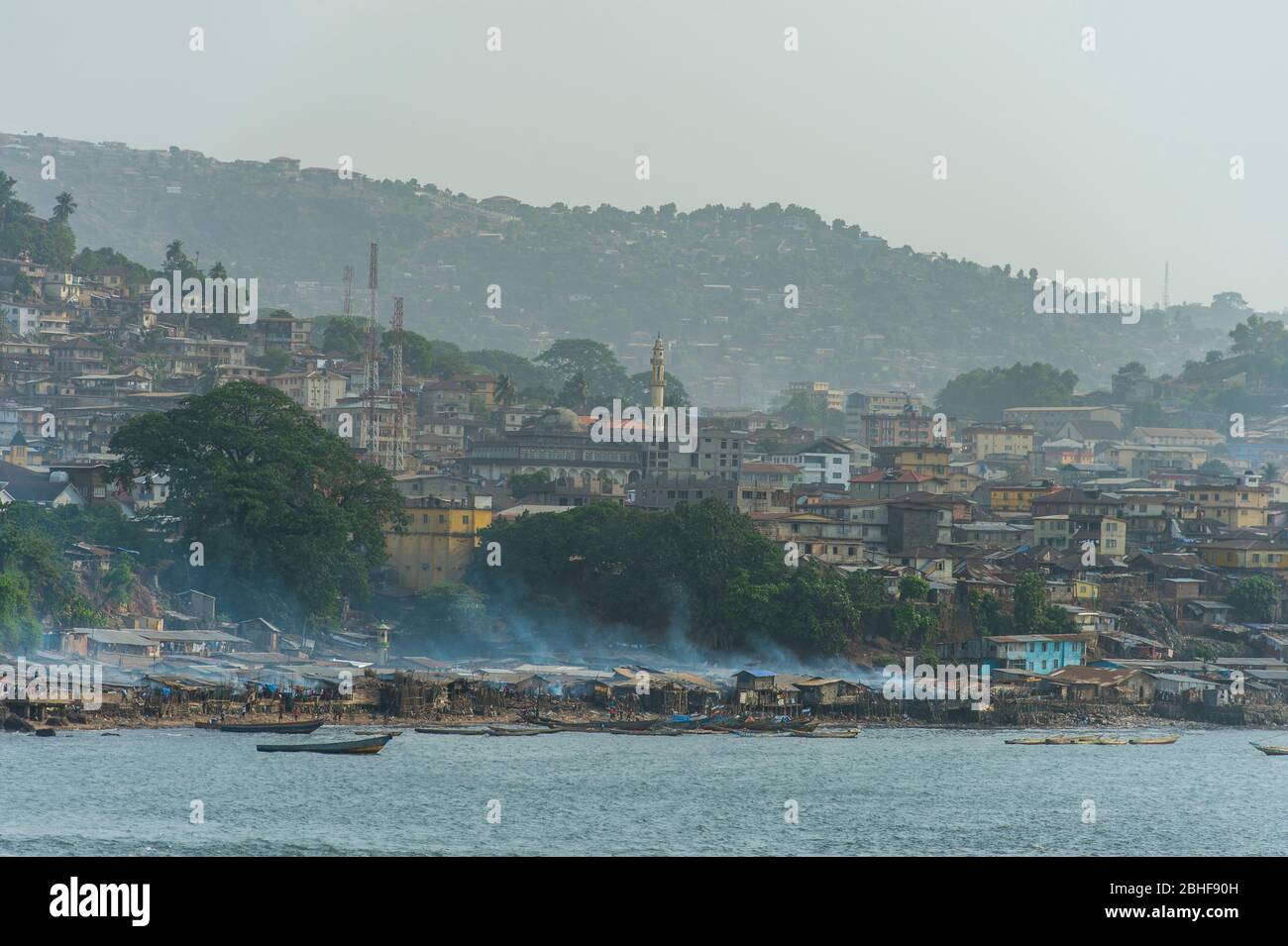 View from sea of Freetown, the capital city of Sierra Leone with slums ...