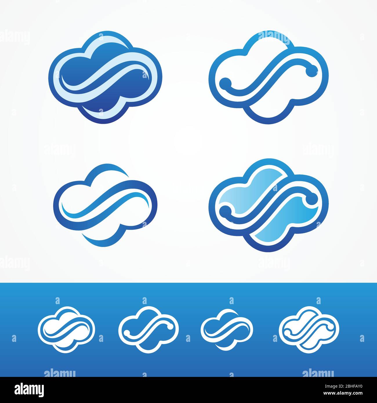 Set blue cloud symbol icon in flat graphic design isolated on white ...