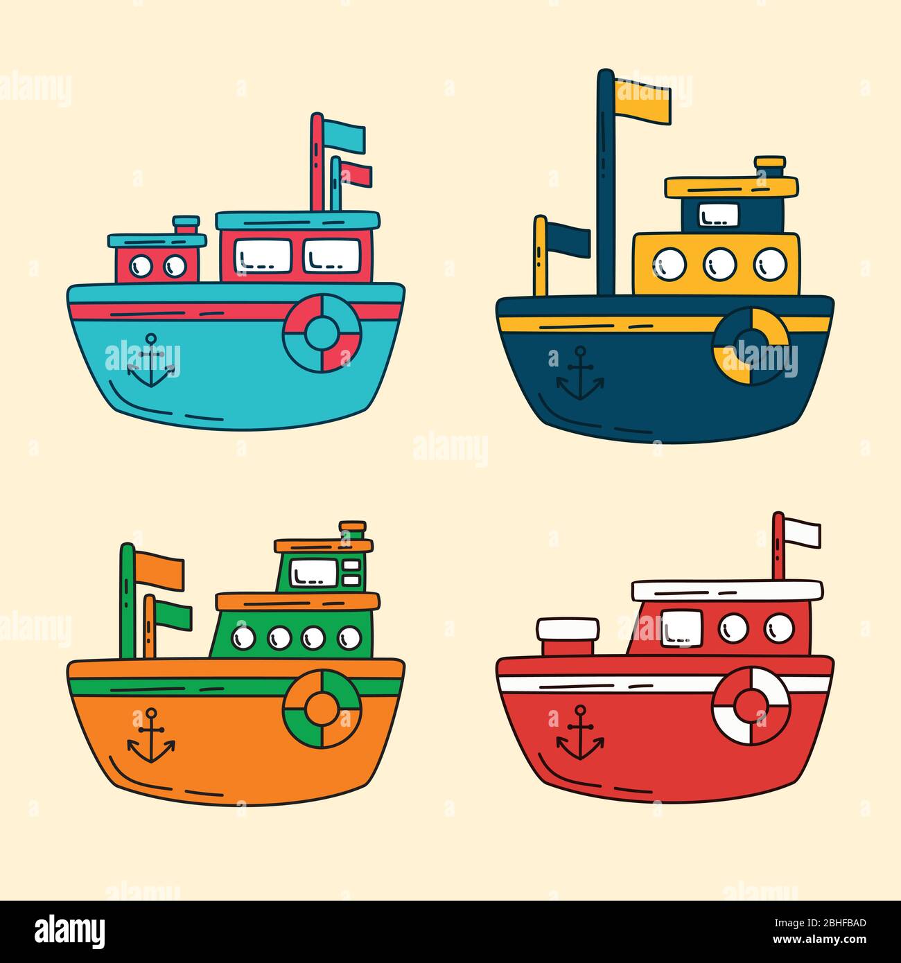 A collection colorful design flat ship cartoon icon symbol. Marine boat ...