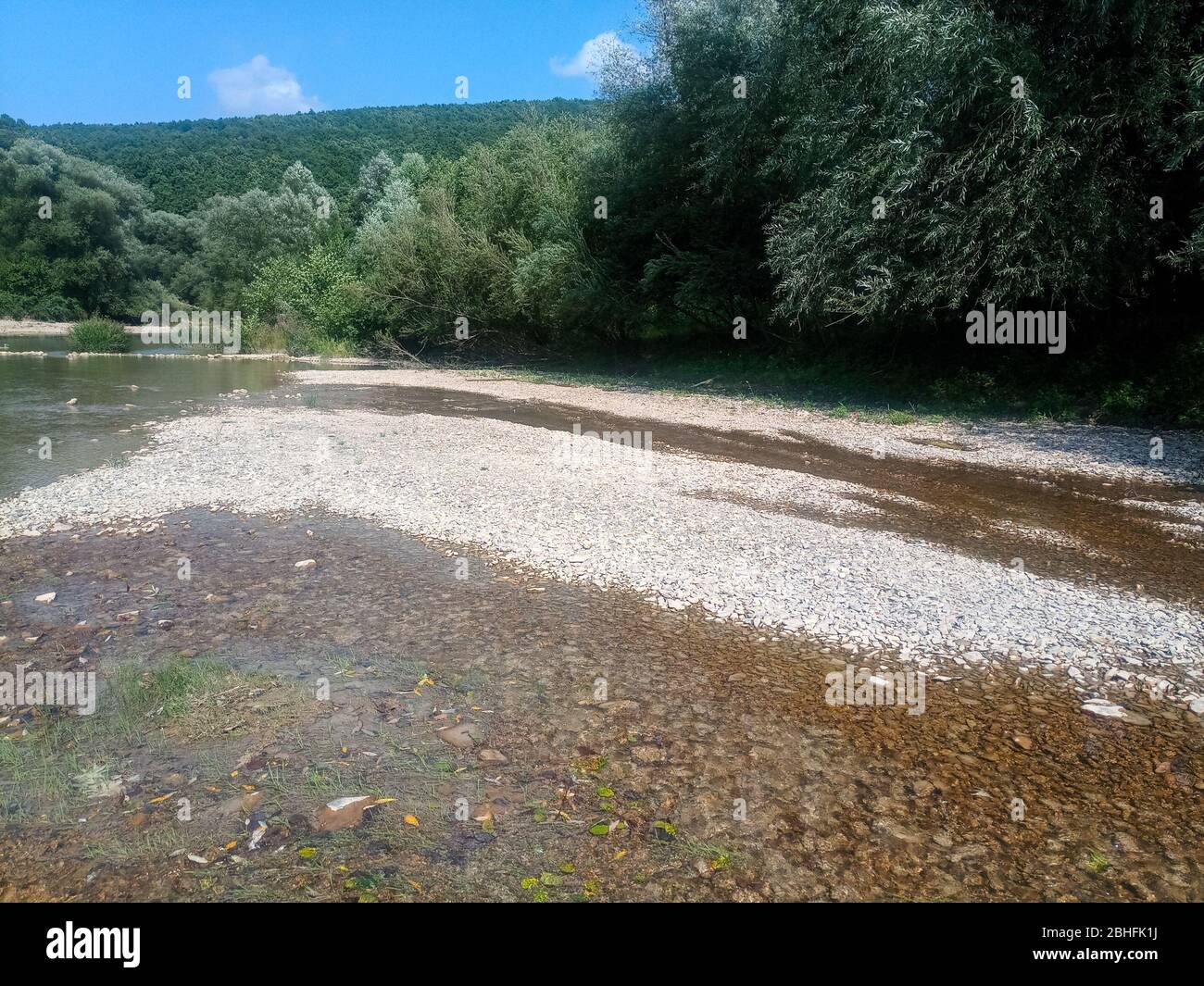 A shallow mountain river, the bottom of a mountain river of stones and ...