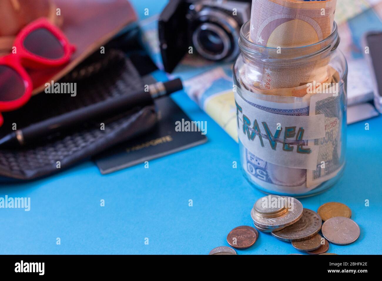 things to travel on table Stock Photo - Alamy