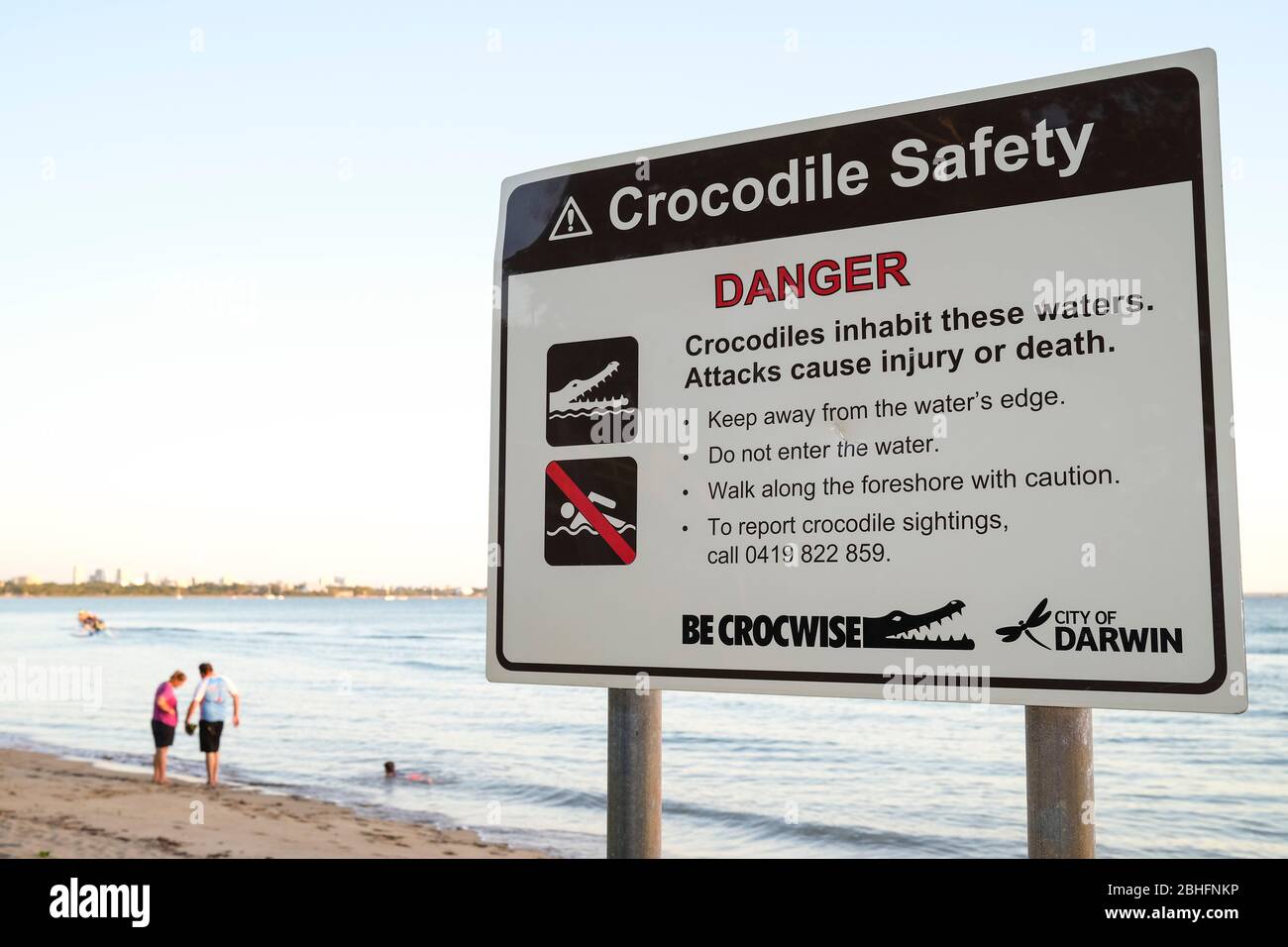 Crocodile safety sign on East Point Beach in Darwin, Northern Territory ...