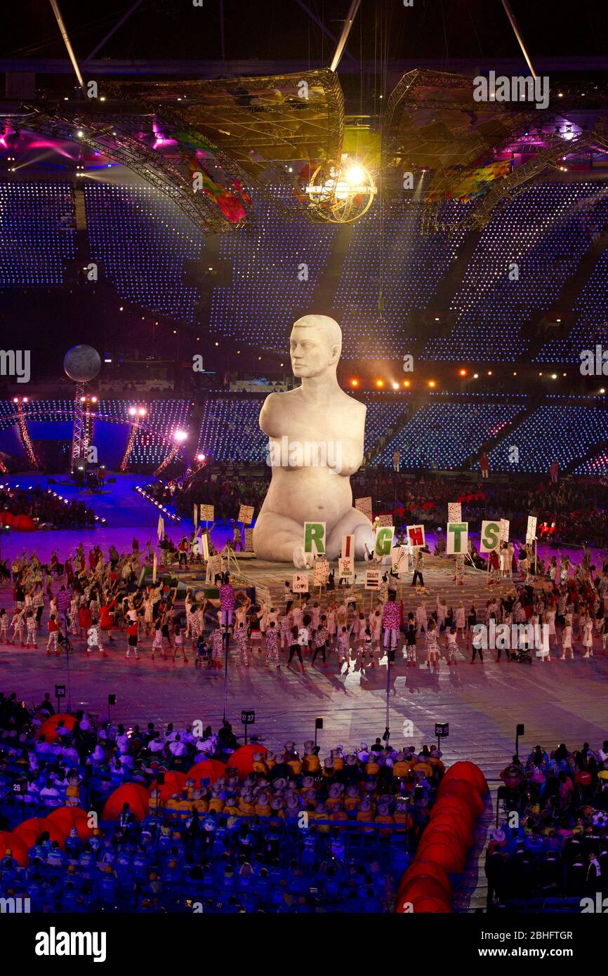 London England, August 29 2012: A giant statue of a disabled athlete ...