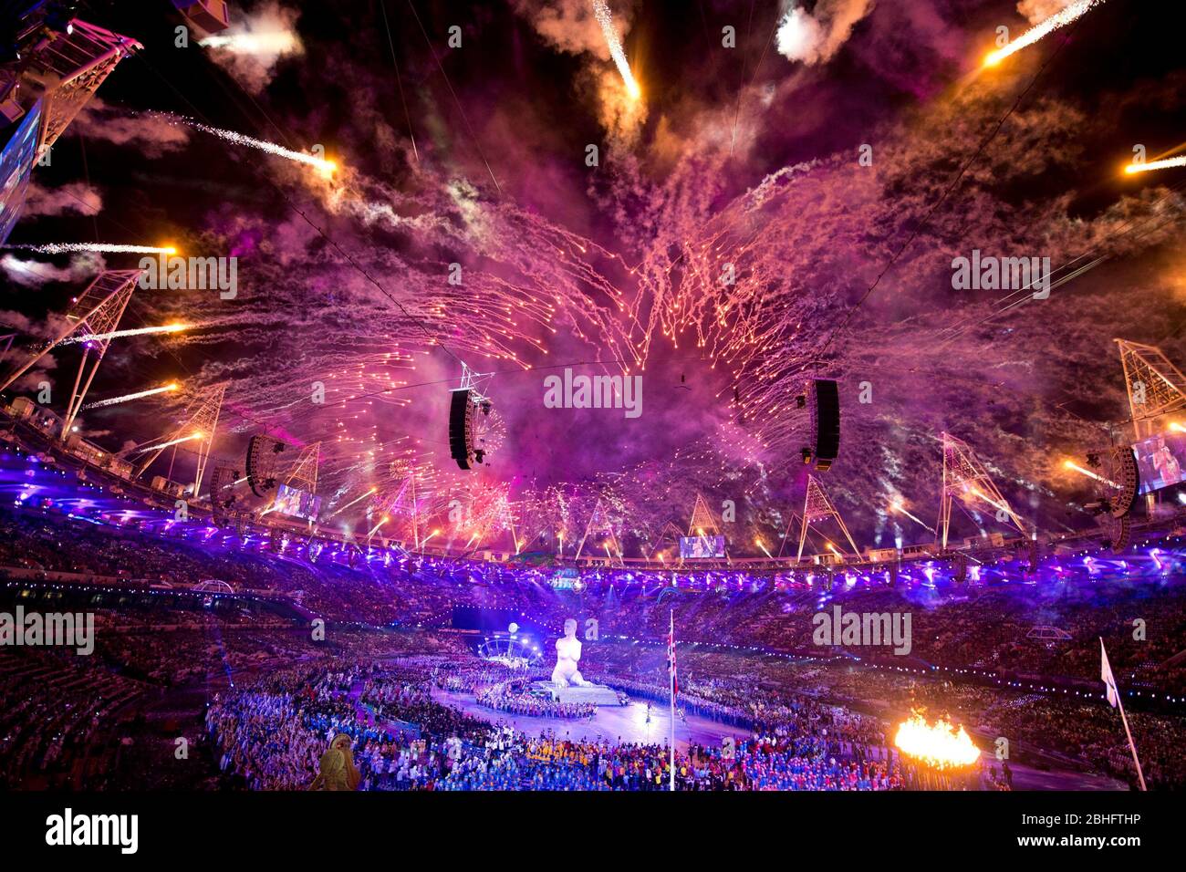 London England, August 2012: Fireworks explode over Olympic Stadium at Queen Elizabeth Olympic ...