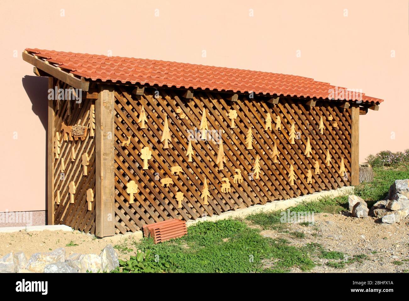 Rustic retro beautiful new wooden storage area with multiple decorative ...