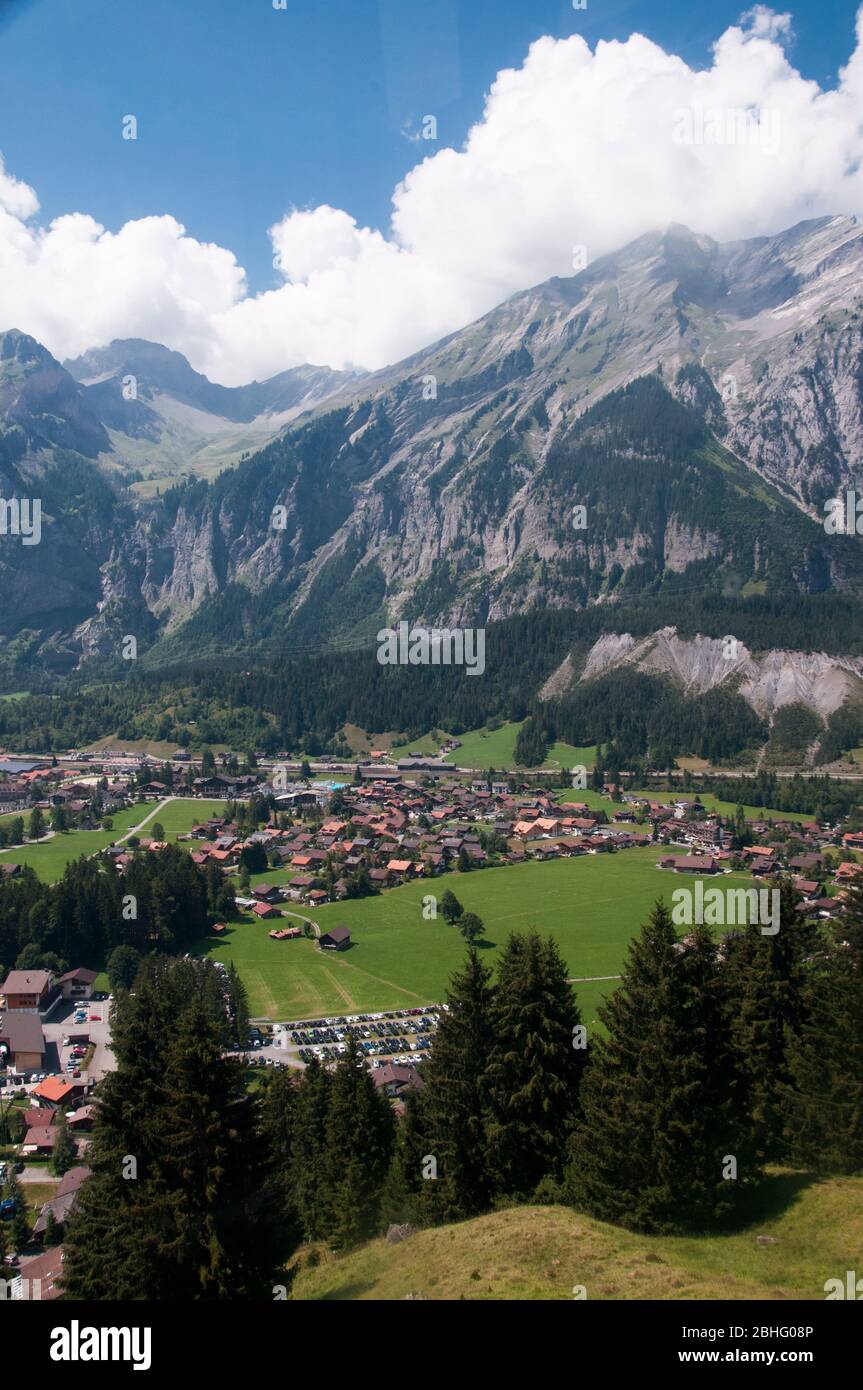 The alpine resort town of Kandersteg seen from the Oeschinensee ...
