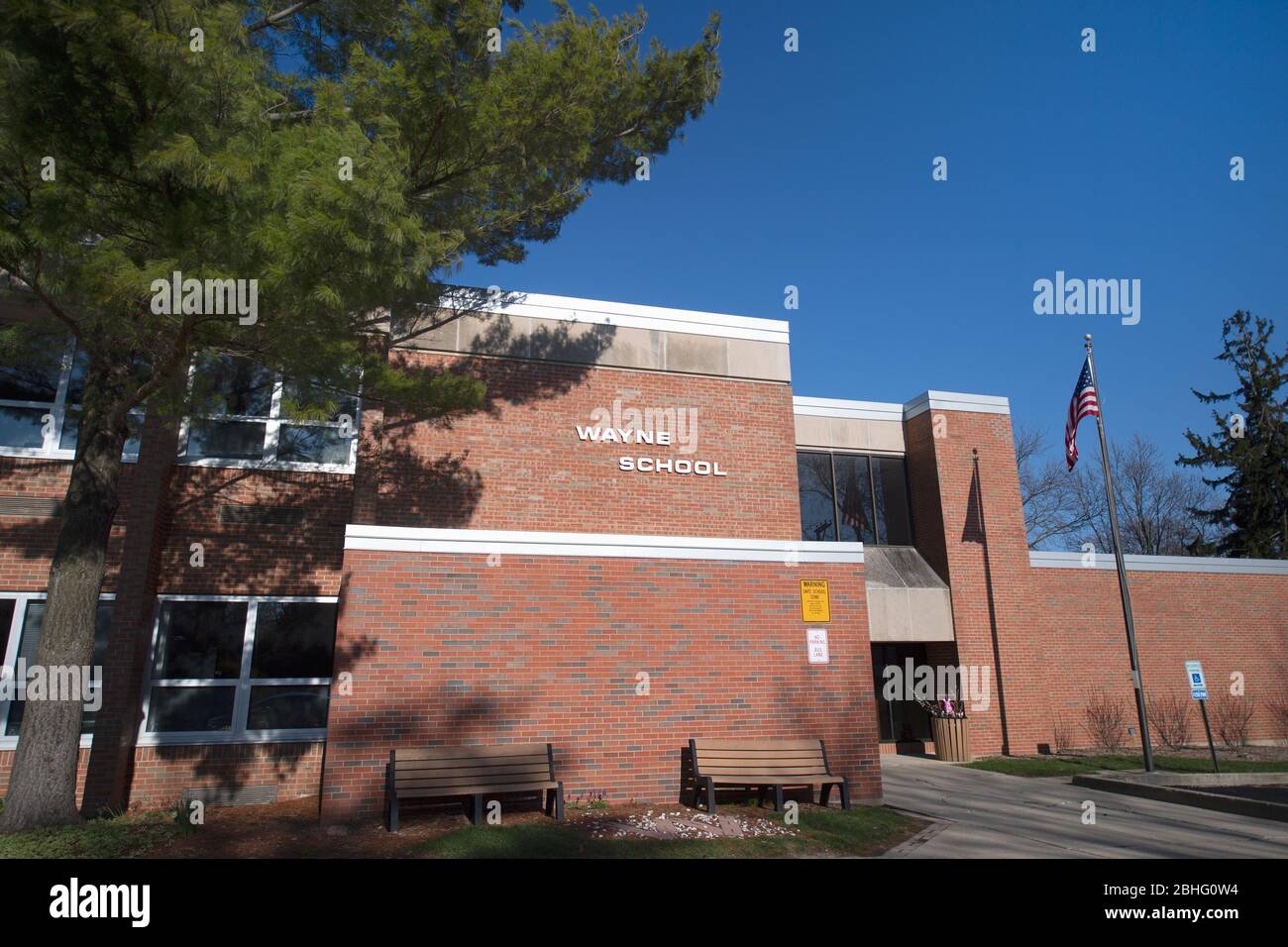 Wayne, Illinois, USA. A deserted entrance way of an elementary or ...