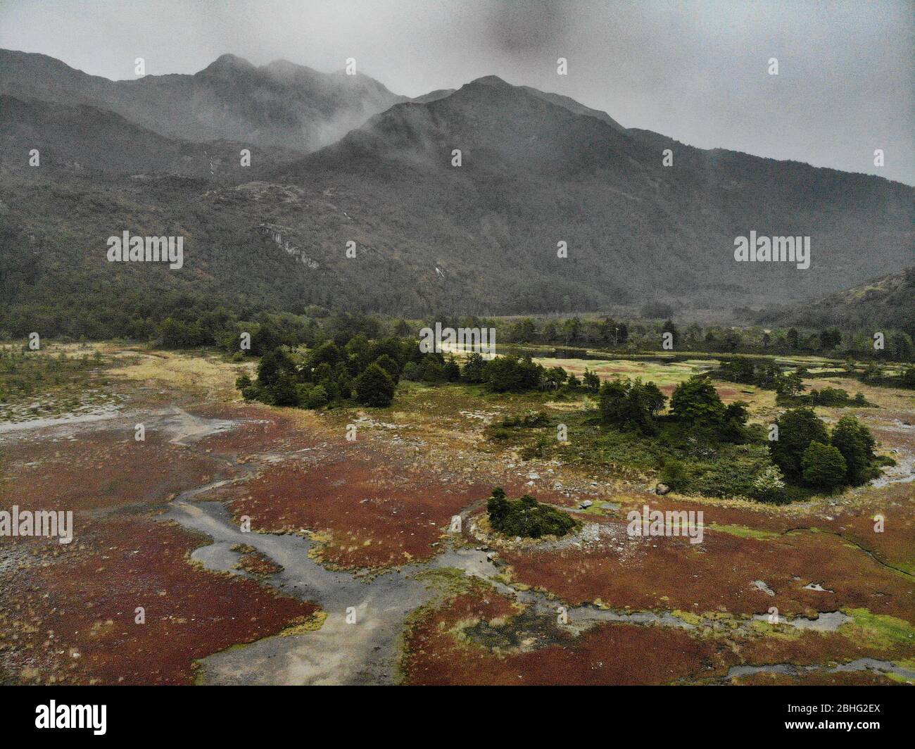 Aerial view of Ainsworth Bay. The coastal inlet of Ainsworth Bay is fed ...