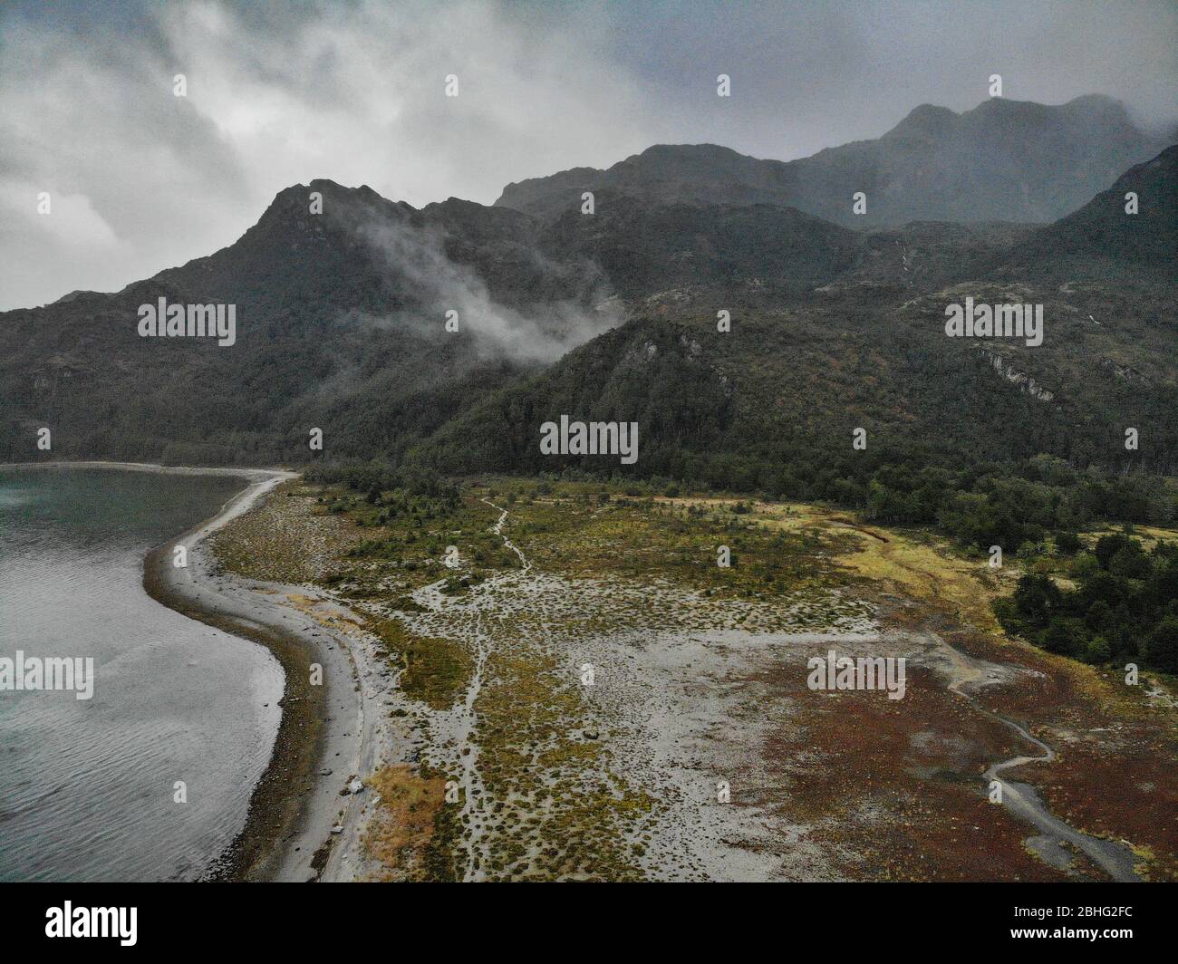 Aerial view of Ainsworth Bay. The coastal inlet of Ainsworth Bay is fed ...