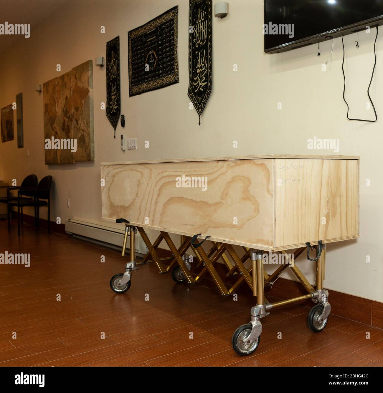 New York, NY - April 25, 2020: Casket seen inside Al-Rayaan Funeral ...