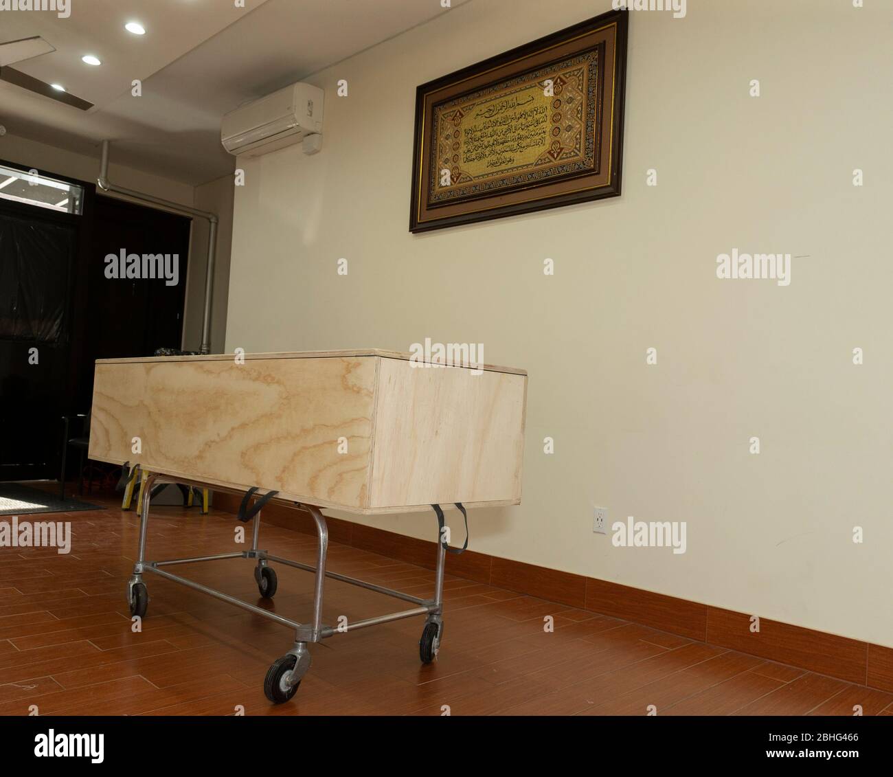 New York, NY - April 25, 2020: Casket seen inside Al-Rayaan Funeral ...