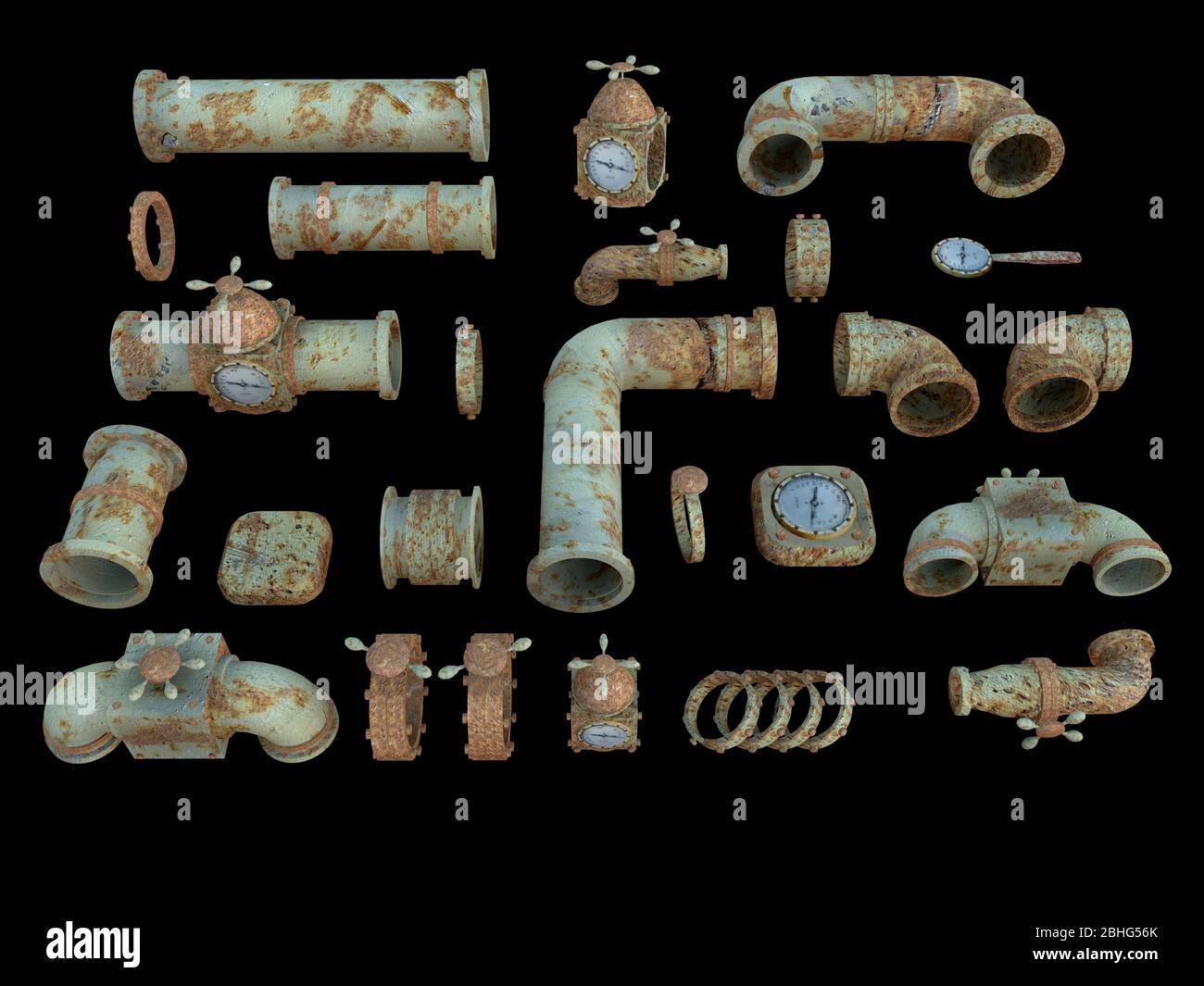 rusted old, junked plumbing pipes and equipment collection, tools ...