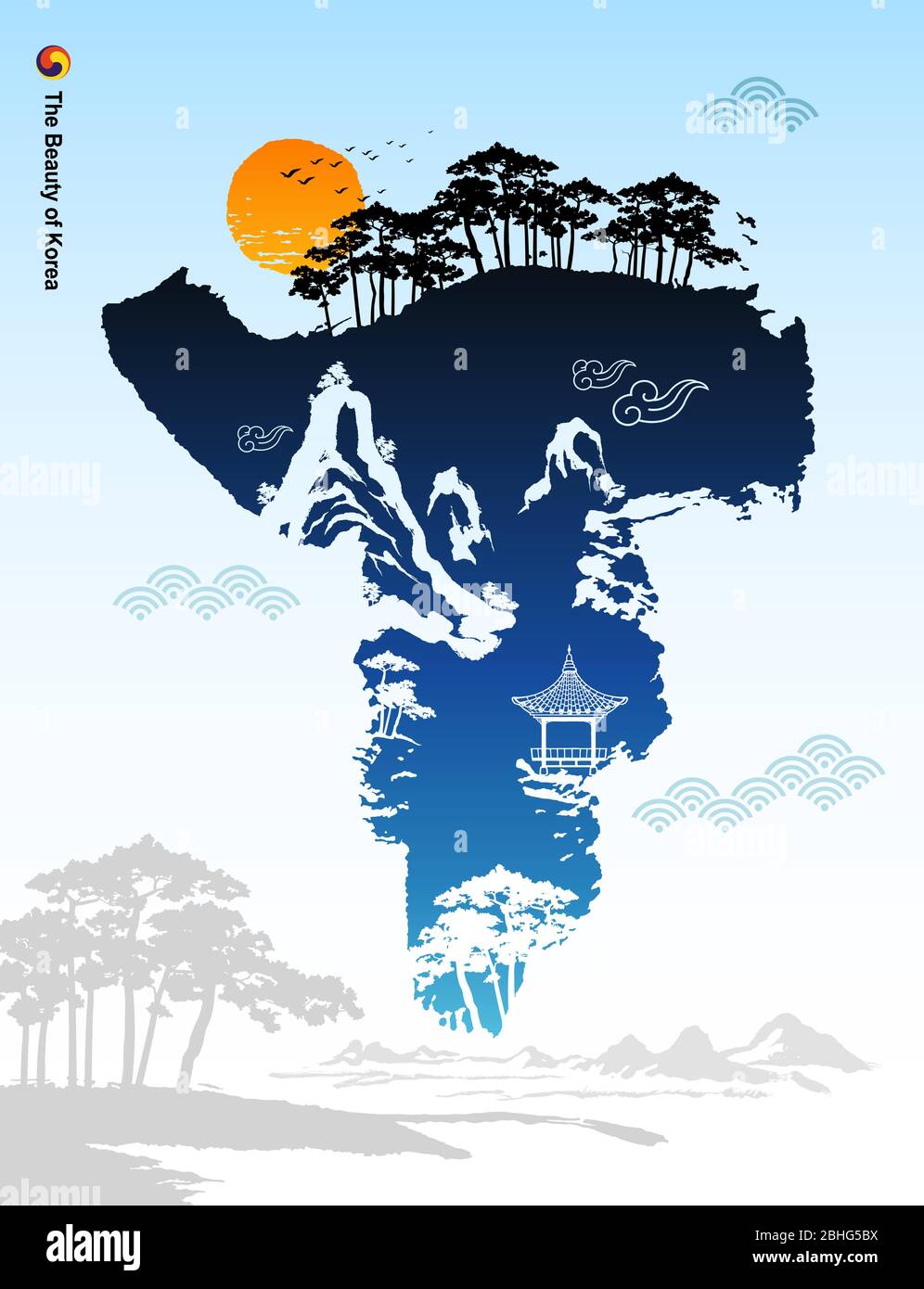 Beautiful Korea, mountains, trees, houses, calligraphy brush painting ...
