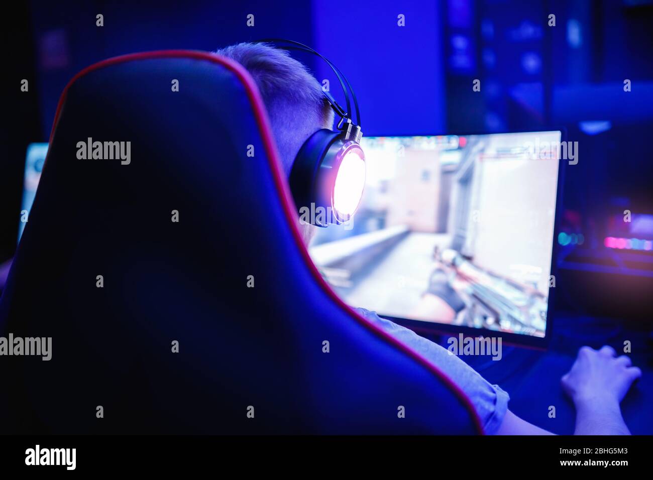 Professional cyber video gamer studio room with personal computer for ...