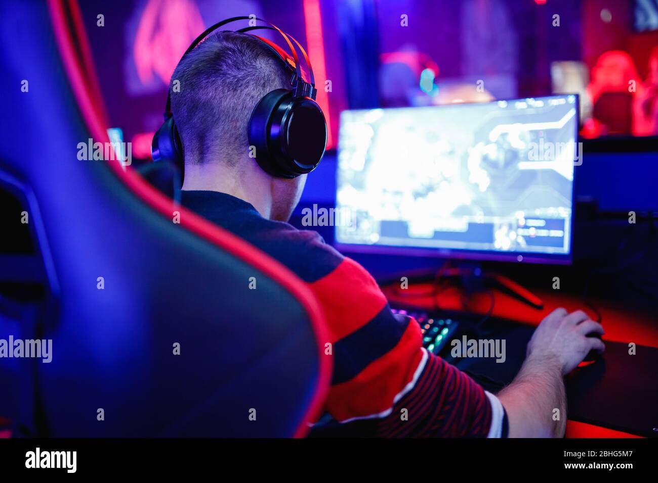 Professional cyber video gamer studio room with personal computer for ...