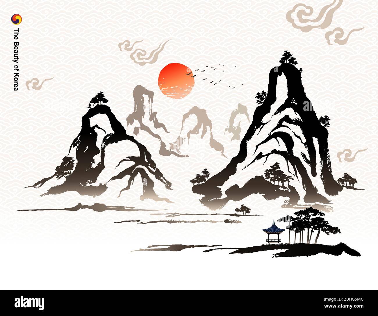 Beautiful Korea, mountains, trees, houses, calligraphy brush painting ...