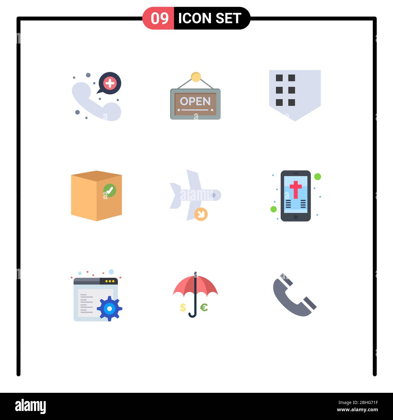 Flat Color Pack of 9 Universal Symbols of landing, shipping, protect, e ...