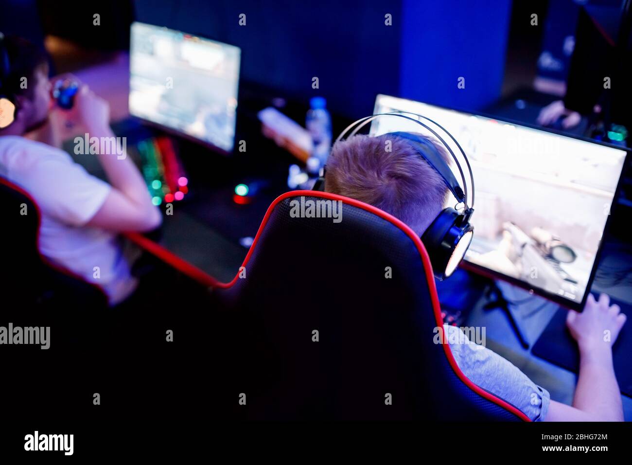 Professional cyber video gamer studio room with personal computer for ...