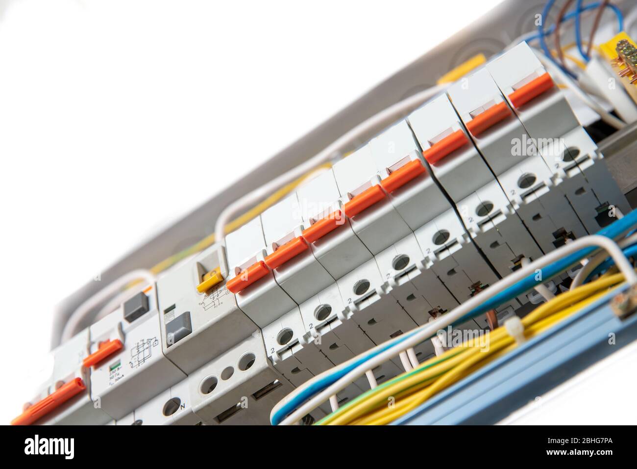 Close up elements of consumer electric control panel switchboard for ...