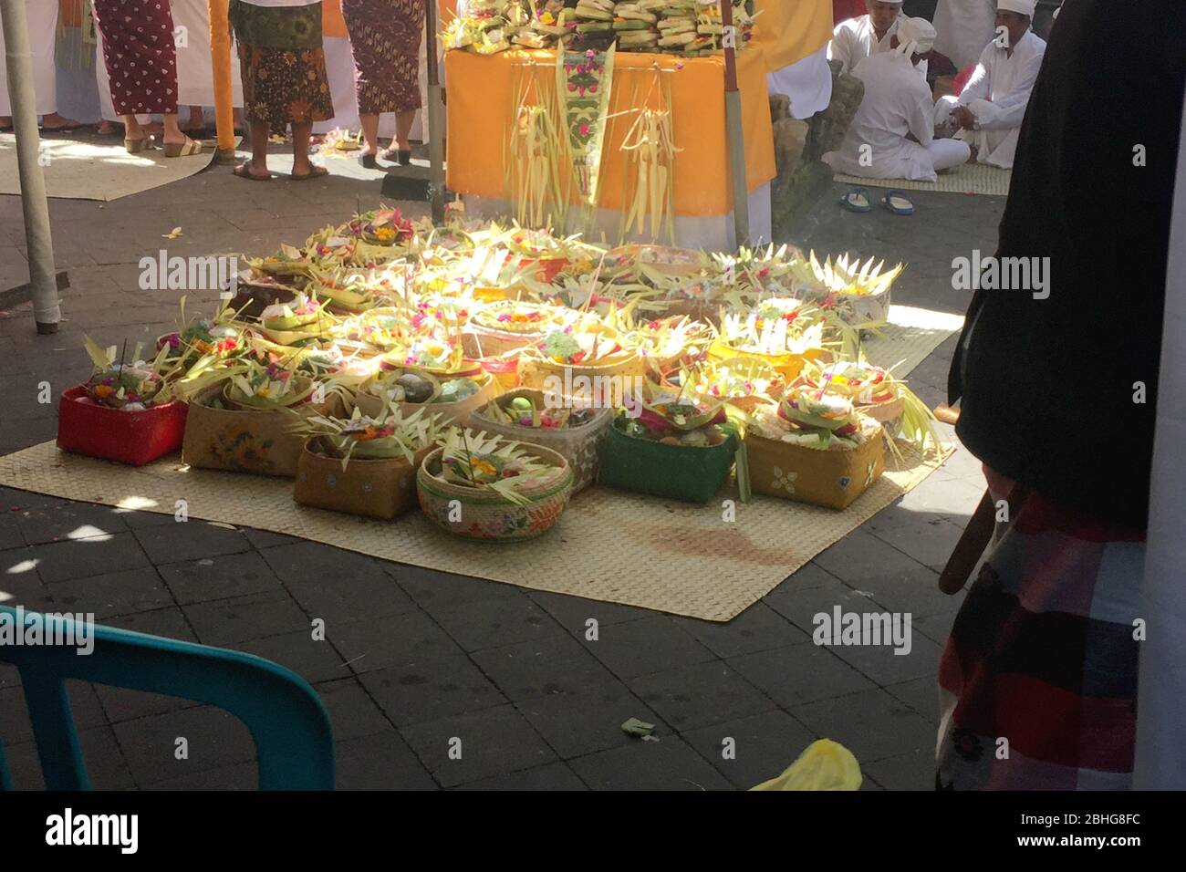 table full of religious offerings inside the temple during the Hindu ...