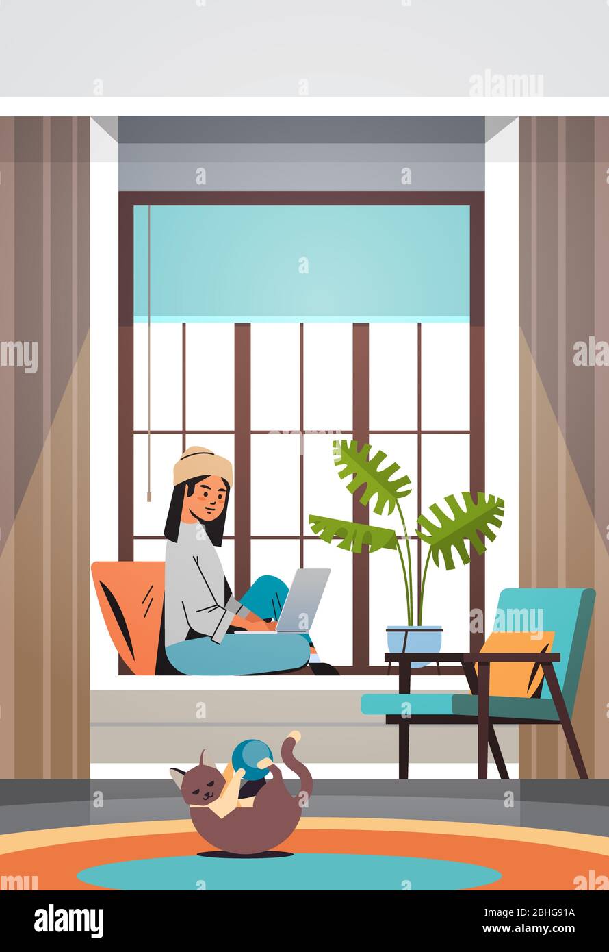 woman freelancer using laptop working at home during coronavirus ...