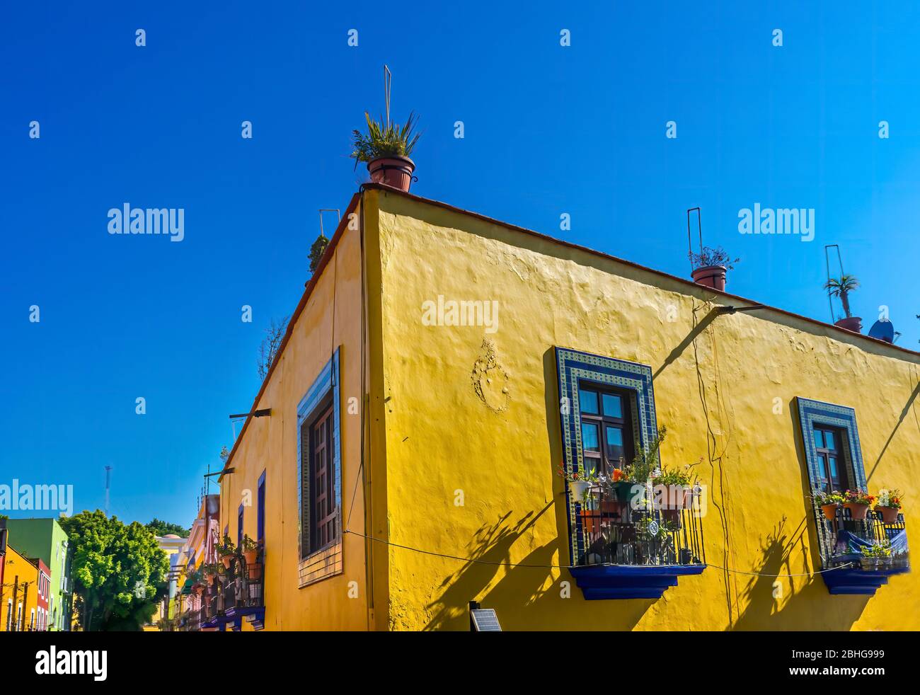 Colorful Yellow, Building Balconies Shopping Street Puebla Mexico Stock ...