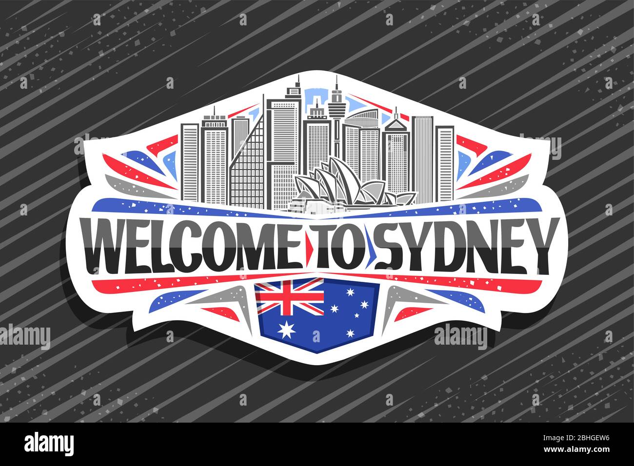 Vector logo for Sydney, white decorative sticker with illustration of ...