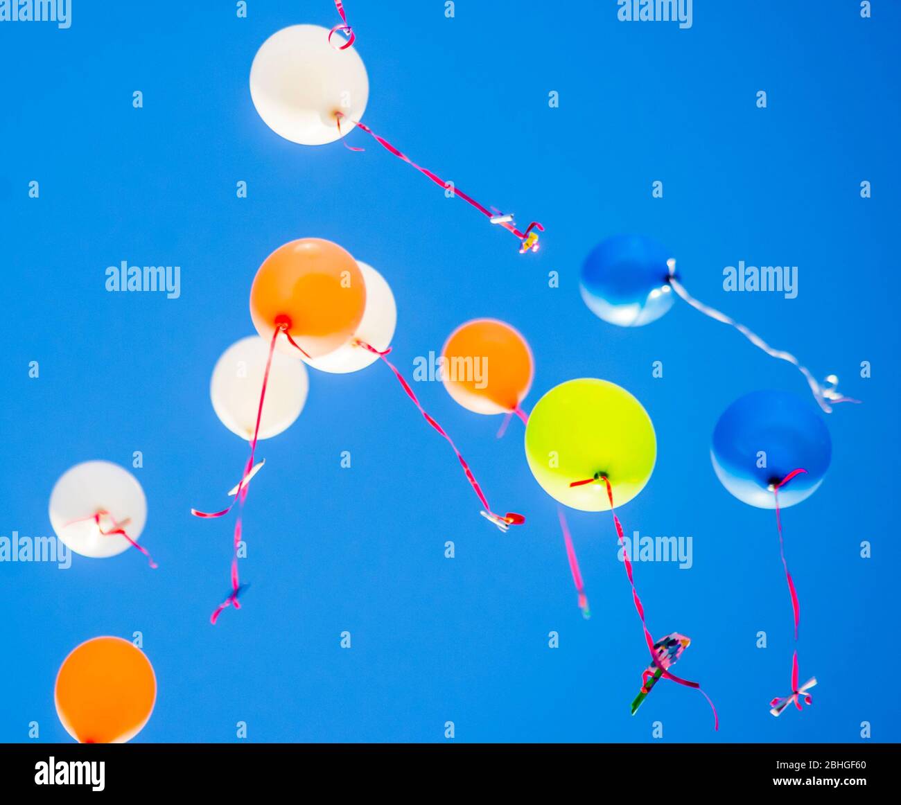 balloons of all colors fly in the blue sky to the delight of children ...