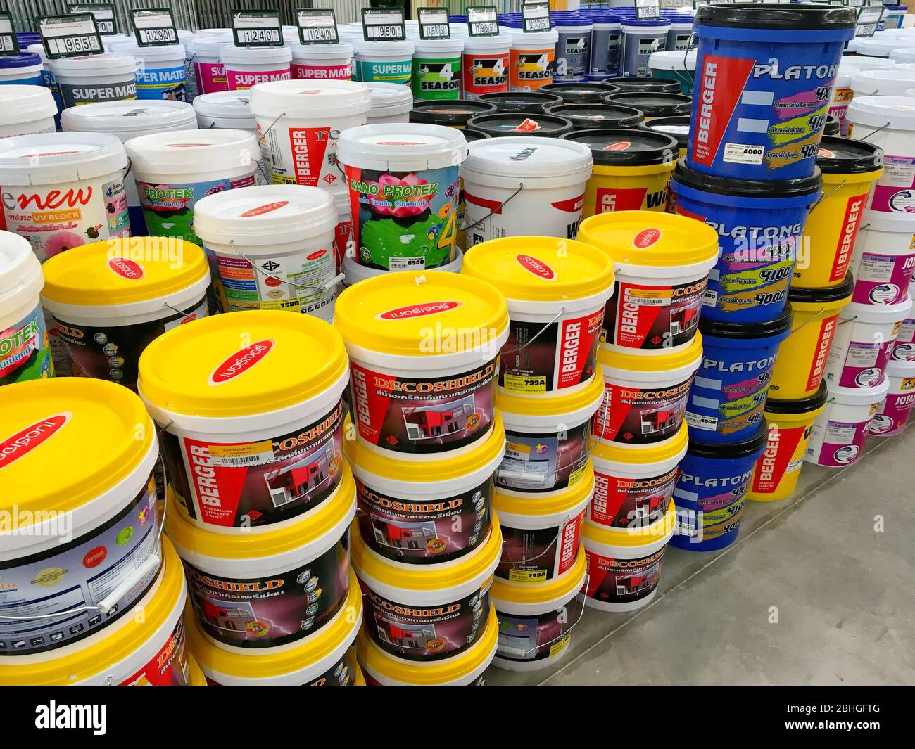Berger color paints piled in Hardware store warehouse in Hua Hin ...