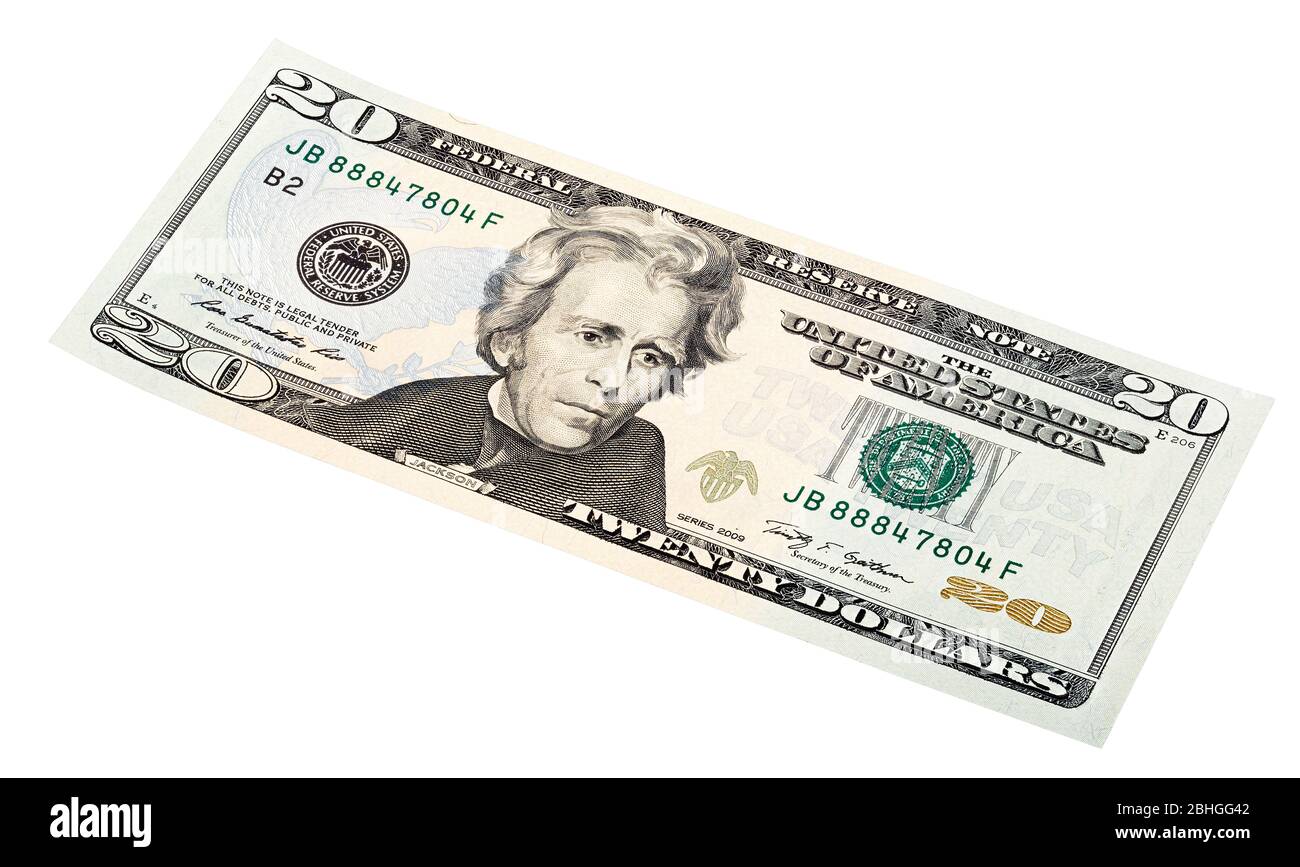 20 dollars banknote isolated on white background. Stacked photo Stock ...