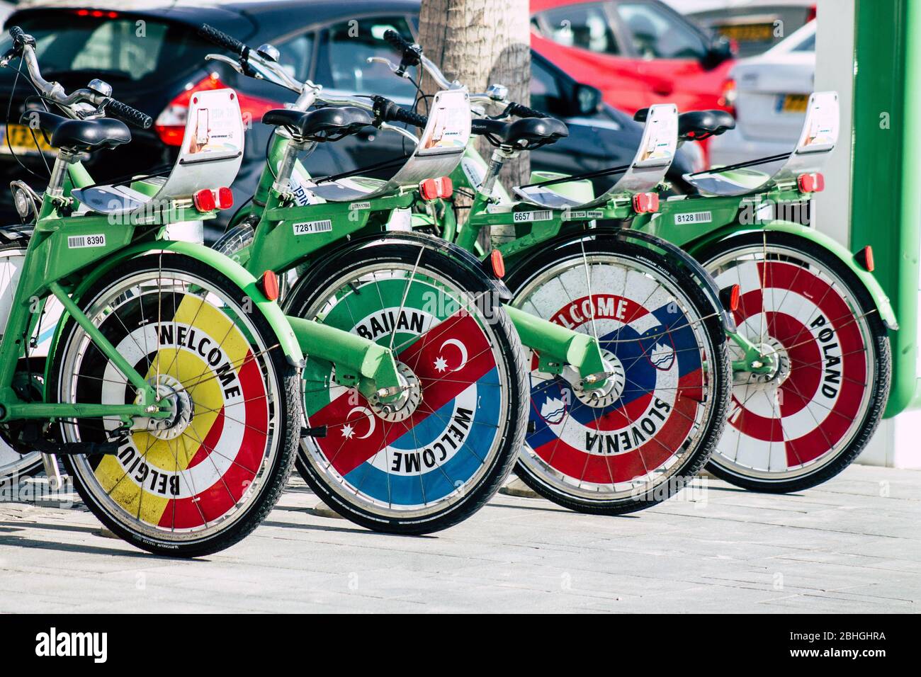 Tel Aviv Israel June 10, 2019 View of green electric bicycles to hire ...