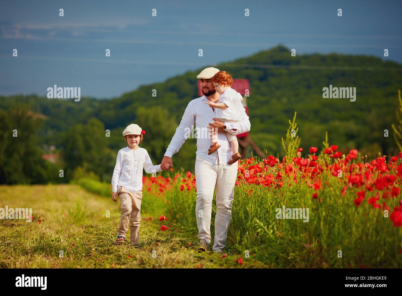 father and sons walking through the poppy flower field at summer day ...