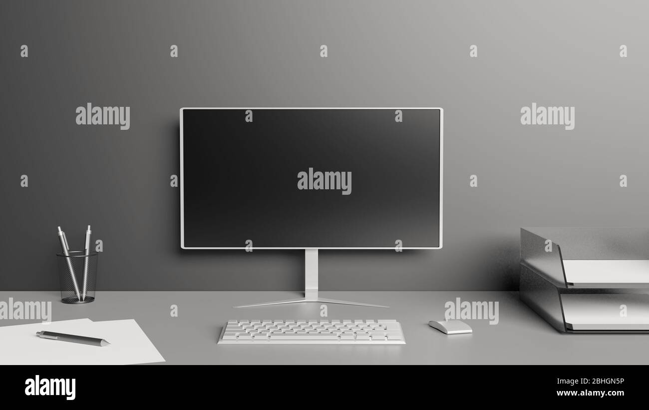 Desktop with a white computer screen, keyboard, mouse, papers and pens ...