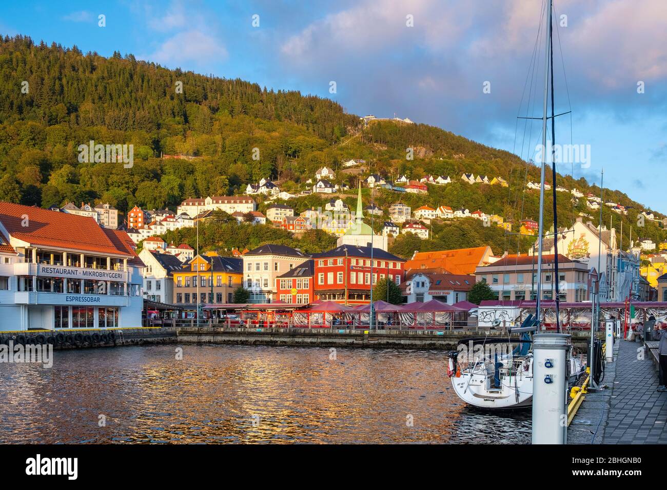 Bergen, Hordaland / Norway - 2019/09/03: Panoramic view of historic city center along Bryggen ...