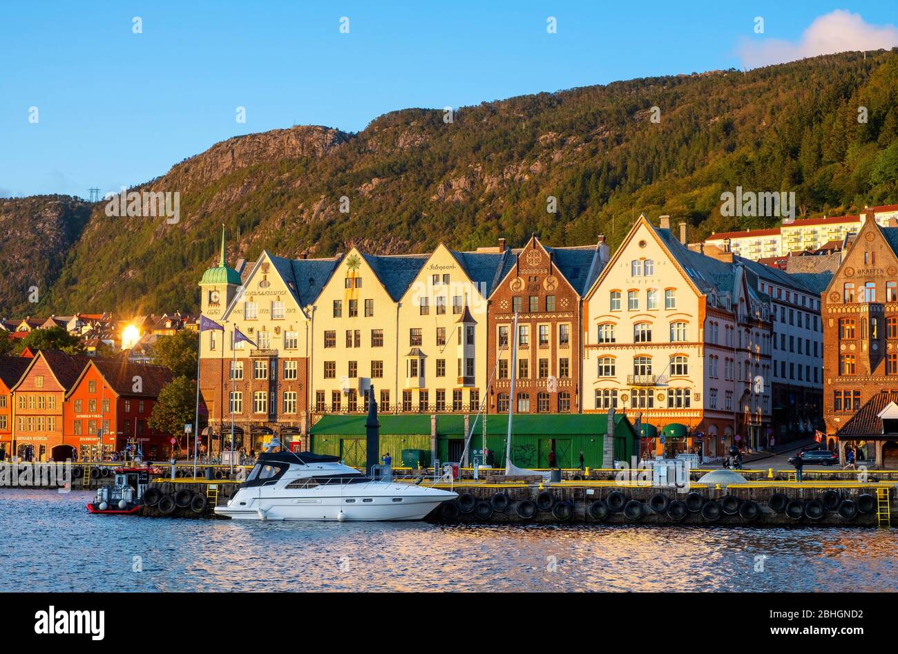 Bergen, Hordaland / Norway - 2019/09/03: Panoramic view of historic Bryggen district at the ...