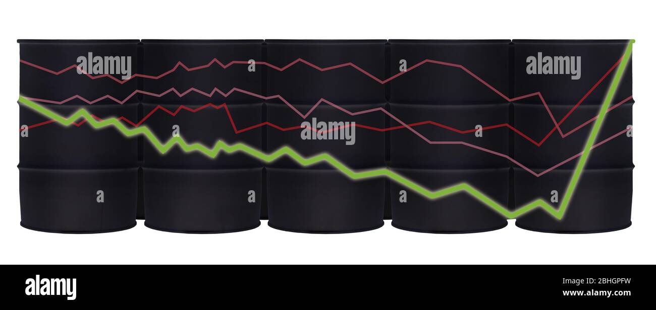 Crude oil barrels and statistics chart with growing arrows isolated on ...