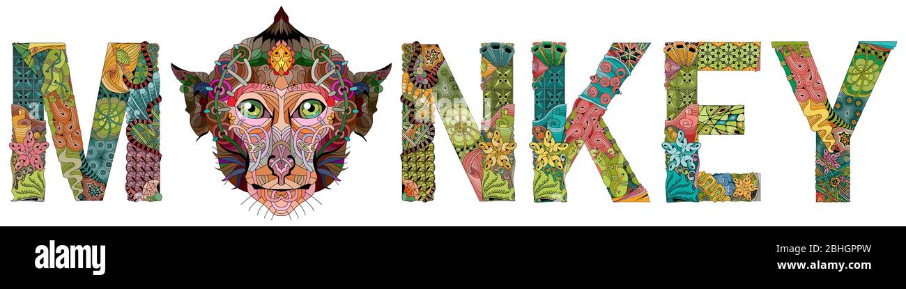 Word monkey with the head of an animal. Vector zentangle object for ...