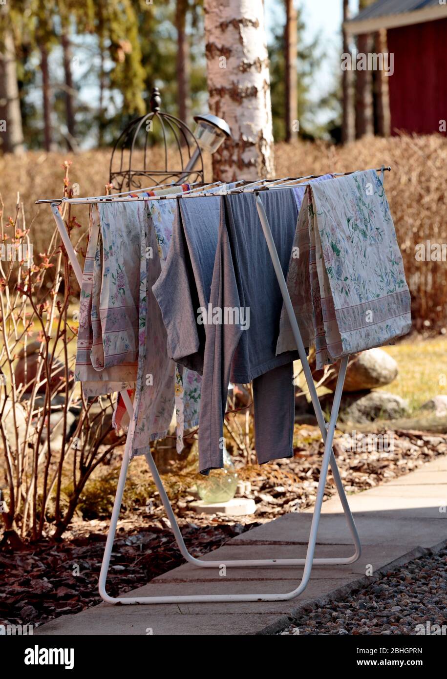 Freshly washed laundry is drying outdoors in springlike weather Stock ...