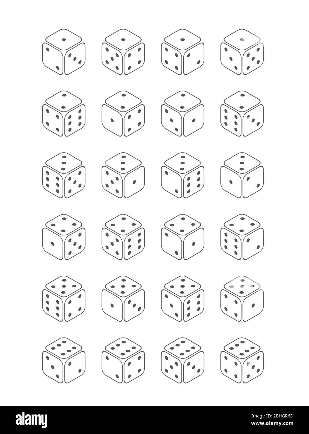 Large set of game cubes on white background, all possible dice turns in ...
