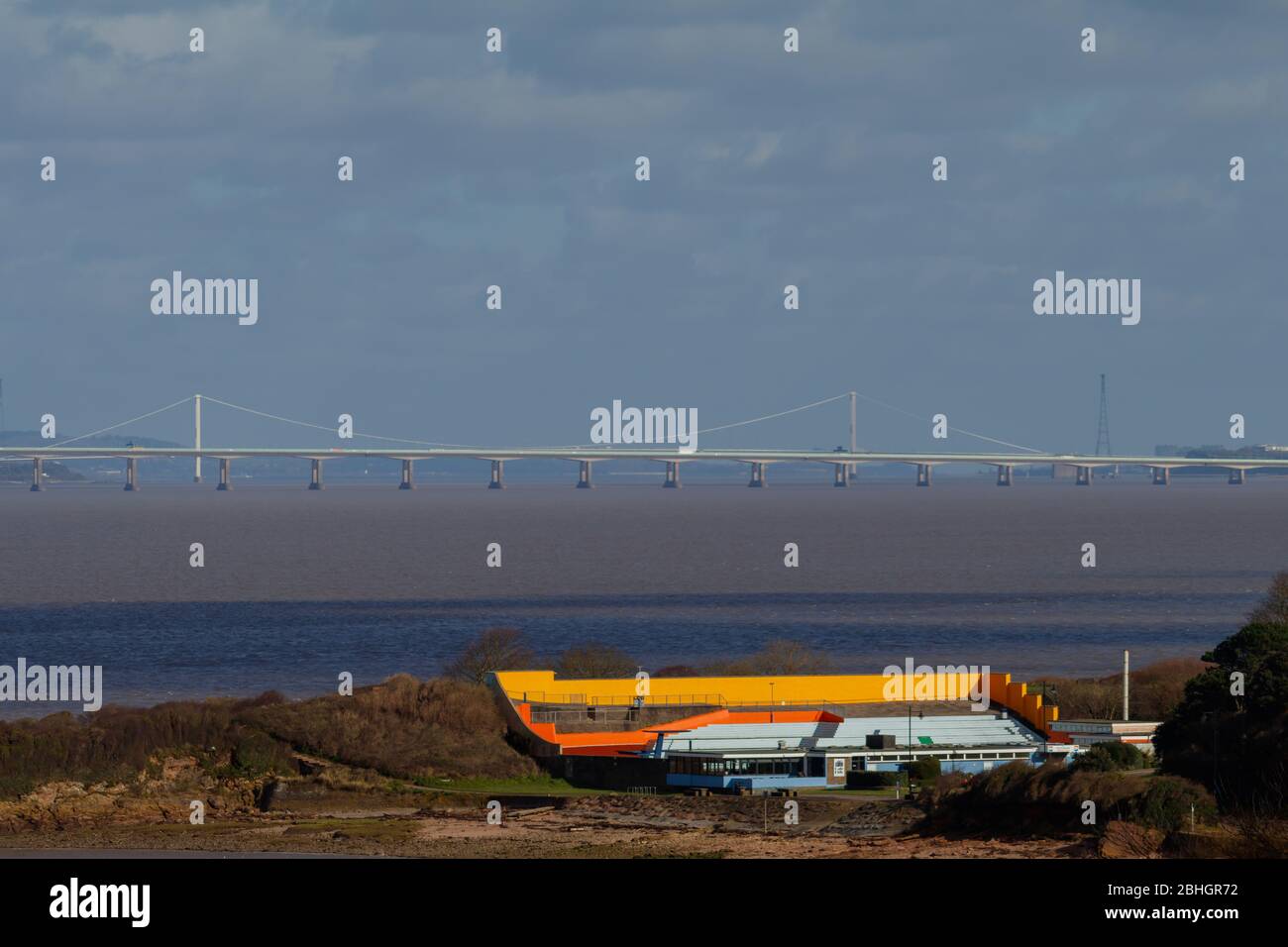 Portishead swimming pool and Second Severn crossing Stock Photo - Alamy