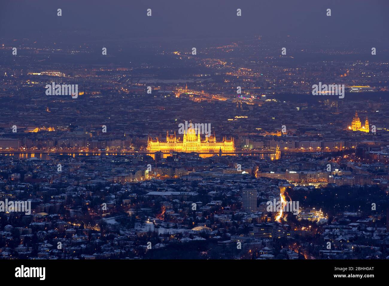 Bird-eye view night Budapest panorama with Hungarian Parliament ...