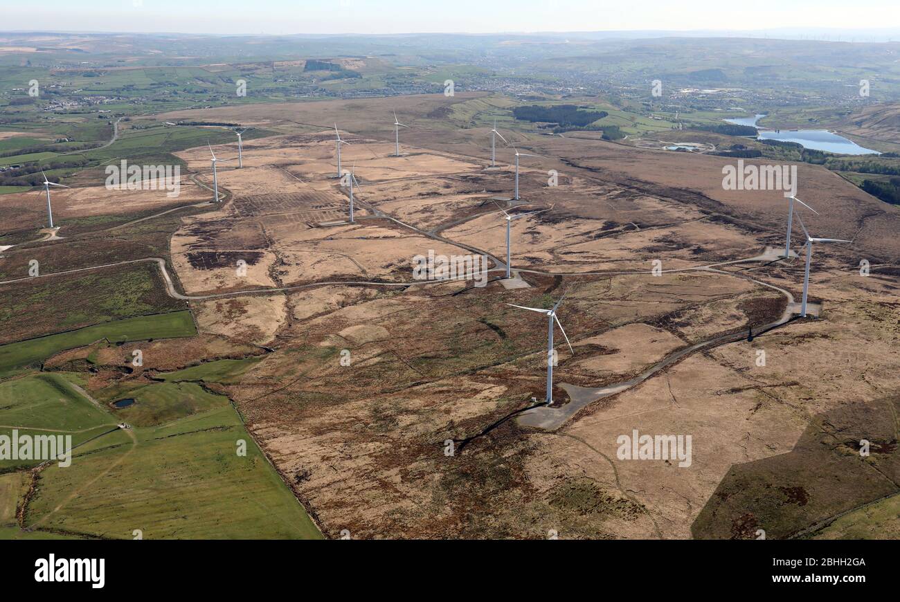 aerial view of a wind farm on the Pennines near Darwen, Lancashire ...