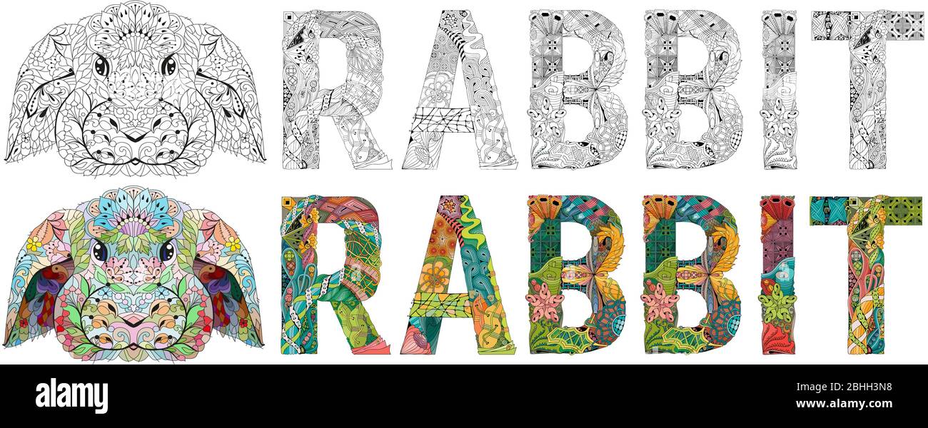 Word rabbit. Vector zentangle object for decoration. Color and outline ...