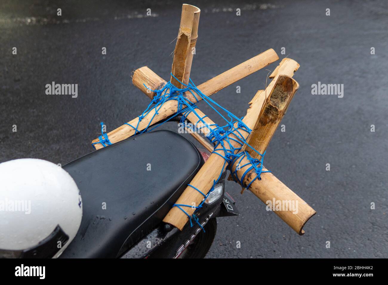 Homemade Bamboo Scooter Luggage Rack on back of Motorcycle Stock Photo ...