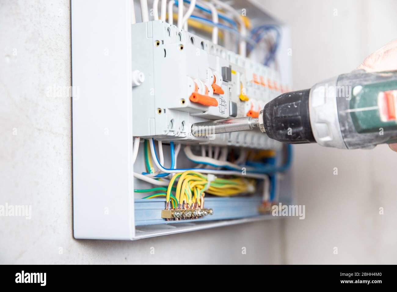 Close up elements of consumer electric control panel switchboard for ...