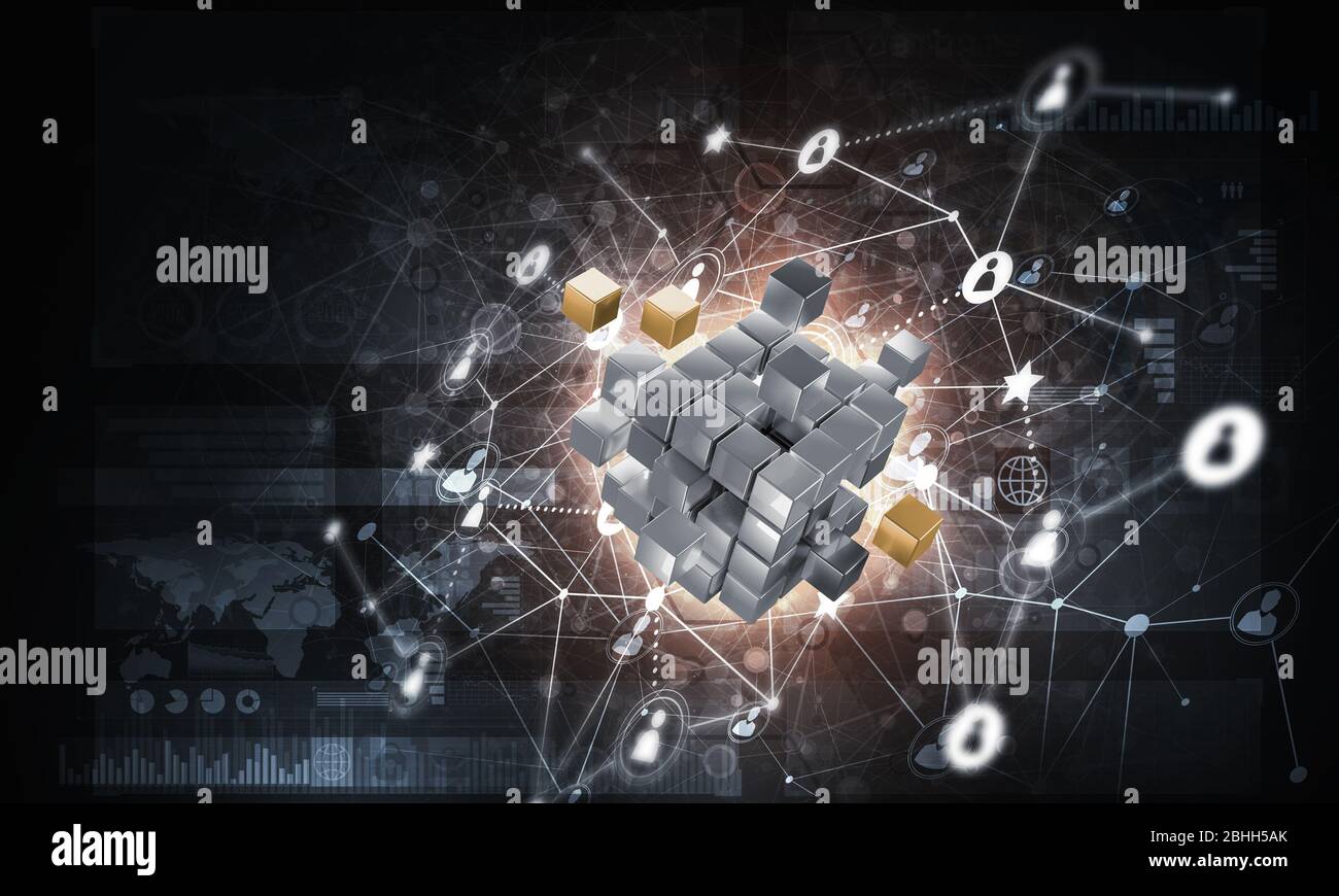 Concept of Internet and networking with digital cube figure on dark ...